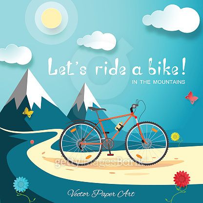 Vector poster of Let's ride a bike in the mountains on the gradient ...