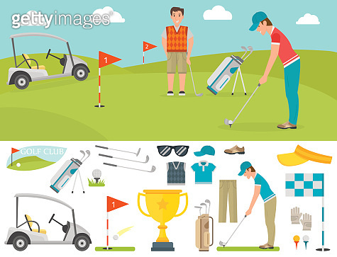 Vector set of stylized golf icons hobby equipment collection cart ...