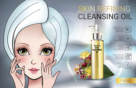 Vector Illustration with Manga style girl and skin cleansing oil ...