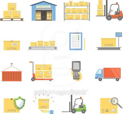 Warehouse transportation and delivery icons flat set isolated vector ...