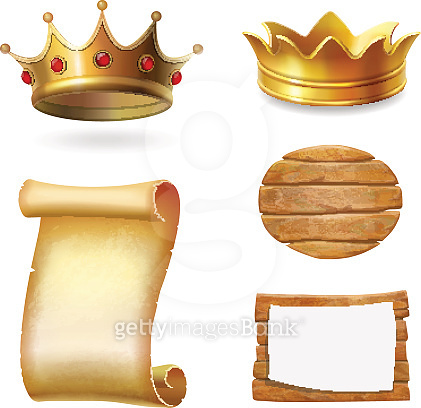 Medieval icons. Gold crown, scroll and signboard. Illustration vector ...