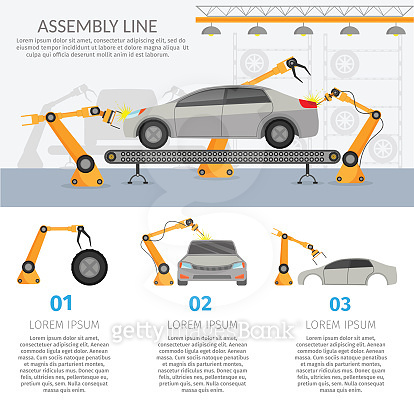 Automation abstract robotic assembly line car set flat isolated vector ...