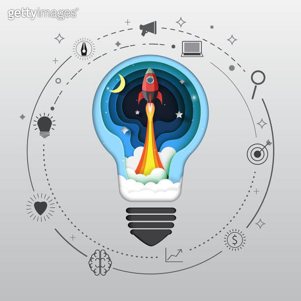 Rocket ship in light bulb with business concept 이미지 (882229946) - 게티이미지뱅크