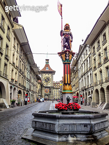 Beautiful City Street View of the colorful medieval Zahringen statue on ...