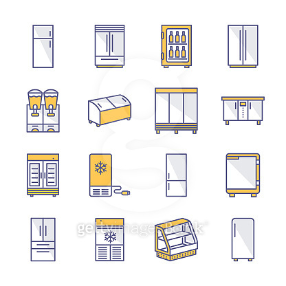 Refrigerators flat line icons. Fridge types, freezer, wine cooler ...