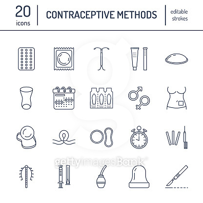 Contraceptive methods line icons. Birth control equipment, condoms ...