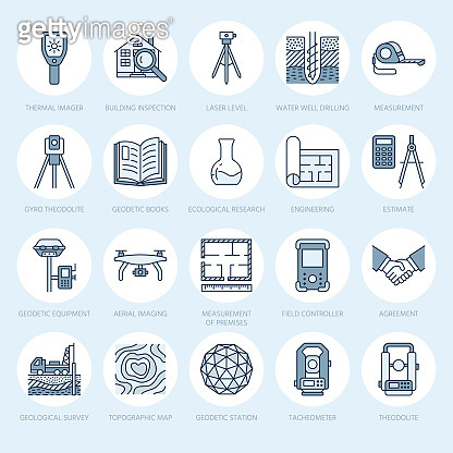 Geodetic survey engineering vector flat line icons. Geodesy equipment ...