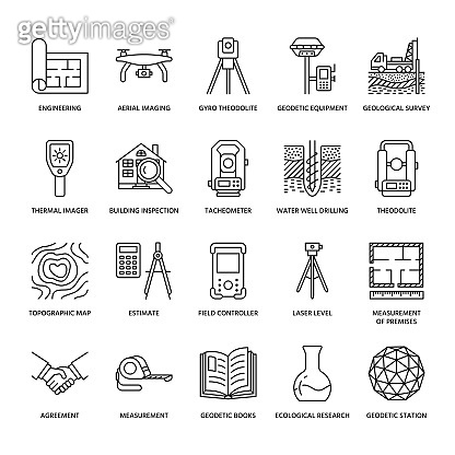 Geodetic survey engineering vector flat line icons. Geodesy equipment ...