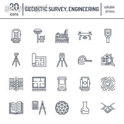 Geodetic survey engineering vector flat line icons. Geodesy equipment ...