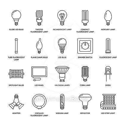 Light bulbs flat line icons. Led lamps types, fluorescent, filament ...