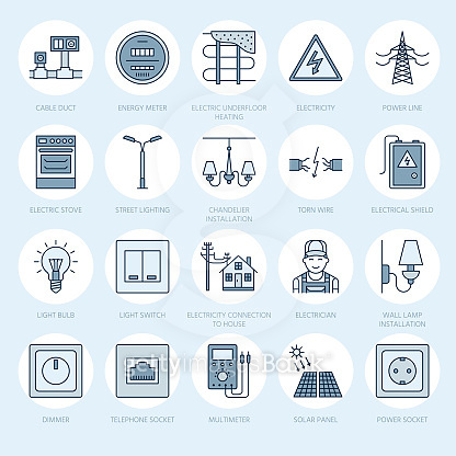 Electricity engineering vector flat line icons. Electrical equipment ...
