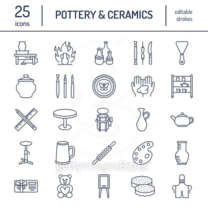 Pottery workshop, ceramics classes line icons. Clay studio tools signs ...