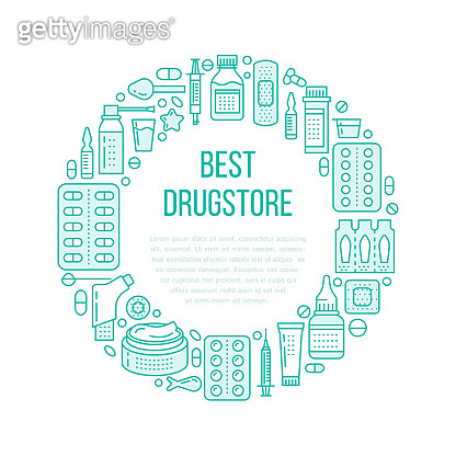 Medical, drugstore poster template. Vector medicament line icons ...