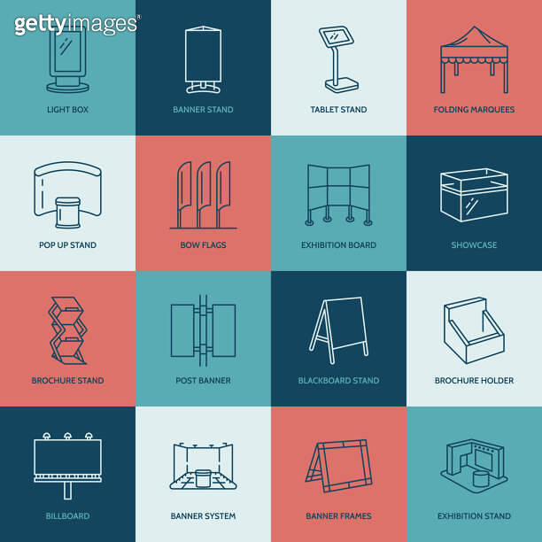 Advertising exhibition banner stands, display line icons. Brochure ...