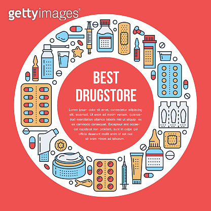 Medical, drugstore poster template. Vector medicament line icons ...