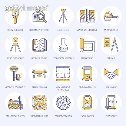 Geodetic survey engineering vector flat line colored icons. Geodesy ...