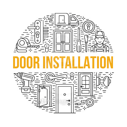 Doors installation, repair banner illustration. Vector line icons of ...