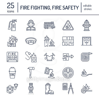 Firefighting, fire safety equipment flat line icons. Firefighter, fire ...