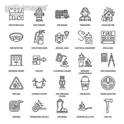Firefighting, fire safety equipment flat line icons. Firefighter, fire ...