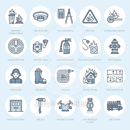 Firefighting, fire safety equipment flat line icons. Firefighter, fire ...
