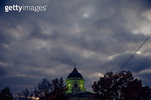 Monroe County Courthouse lighted with green light at dusk in ...