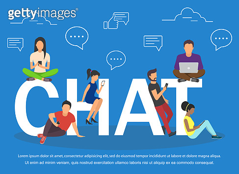 Chat illustration of young people using mobile gadgets .Flat big ...