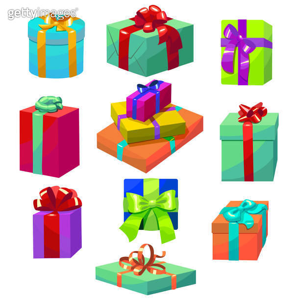 Colorful Gift Set. Different Gift Boxes in Cartoon Style. Vector ...