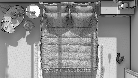 Unfinished project of colored modern bedroom top view, architecture ...