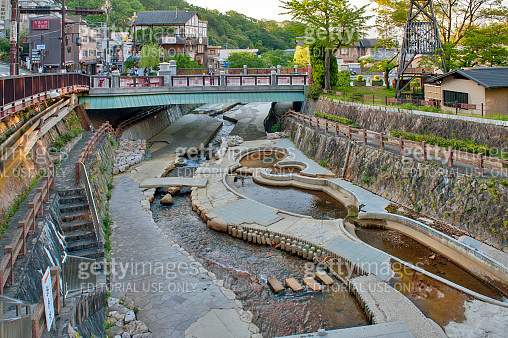 Hot spring stream flowing pass town centre of Arima Onsen in Kita-ku ...