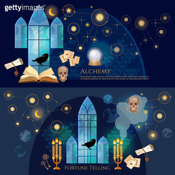 Medieval alchemical laboratory banner. Open book of spells, skull ...