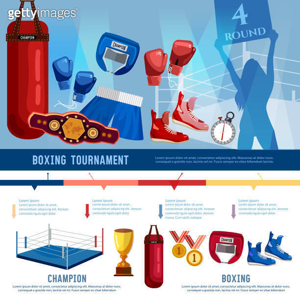 Boxing, professional sport infographics. Boxer, ring, belt, punch bags ...