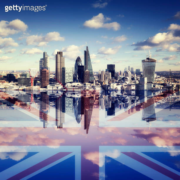 Reflection of the City of London skyline on the Union Jack (670127152 ...