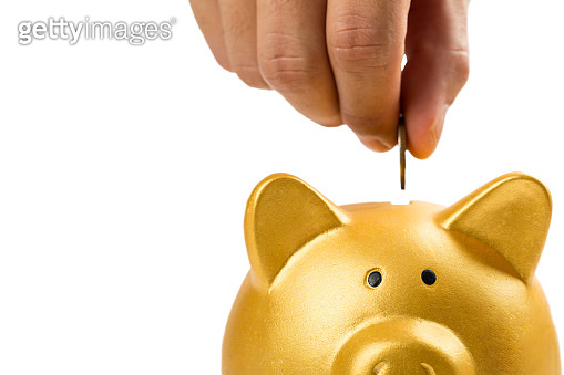 Piggy bank gold color and stack of money 이미지 (836544446) - 게티이미지뱅크