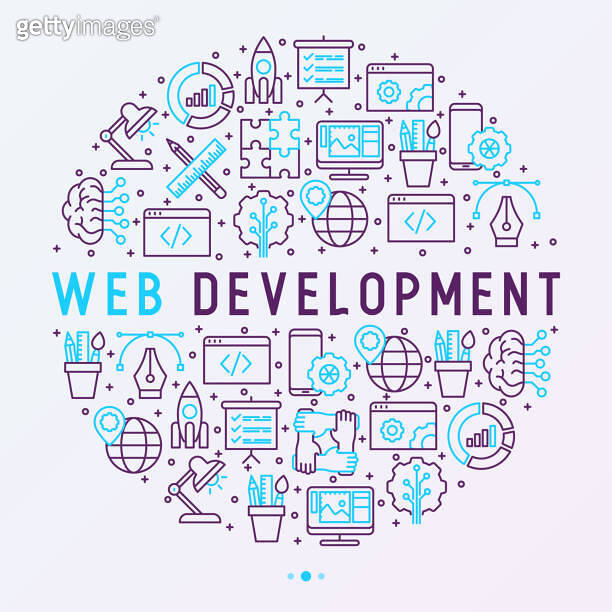 Web development concept in circle with thin line icons of programming ...
