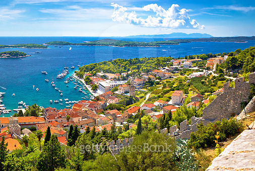 Amazing historic town of Hvar aerial view, with Paklenski islands ...