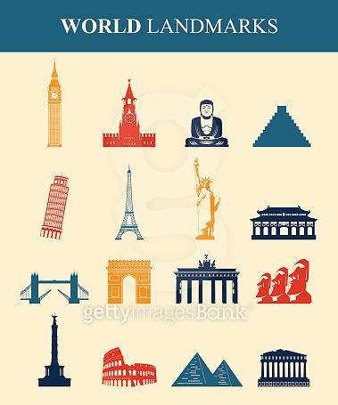 Famous monuments and landmarks icons. Travel and Tourism concept ...