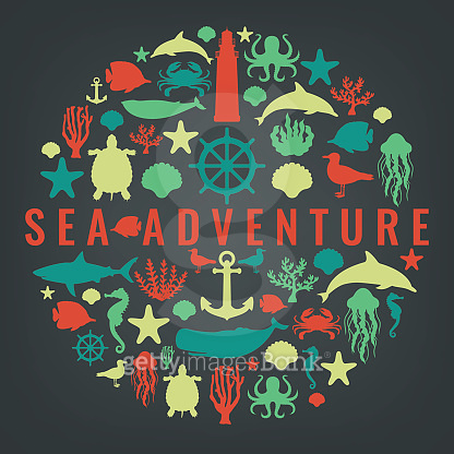 Sea icons and symbols set. Sea animals. Nautical design elements ...