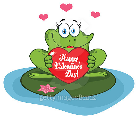 Frog Female Cartoon Mascot Character In A Pond Holding A Valentine Love ...