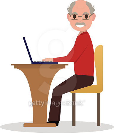 Vector cartoon old man sitting at desk with laptop (673493784) - 게티이미지뱅크