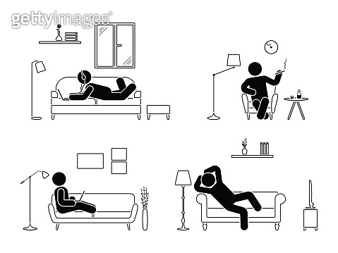 Stick figure resting at home position set. Sitting, lying, smoking ...