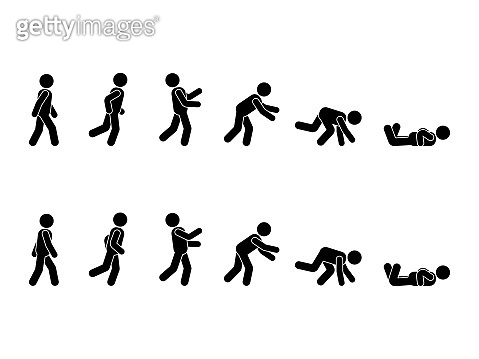 Walking man stick figure pictogram set. Different positions of ...