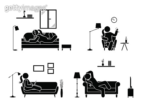 Stick figure resting at home position set. Sitting, lying, listening to ...