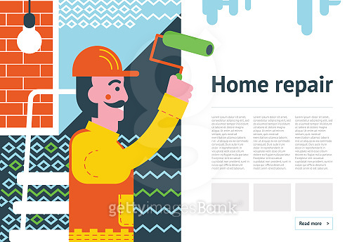 Renovation background concept. Repairman redecorating in room. Smiling ...