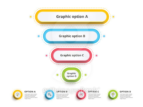 Pyramid 4 step process chart infographics with option circles. Funnel ...