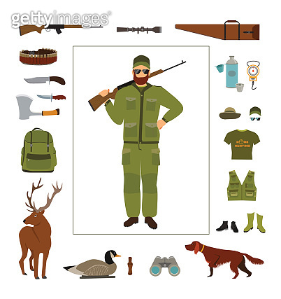 Hunter and hunting equipment flat vector (825493704) 일러스트, 무료 일러스트, 아이콘 ...