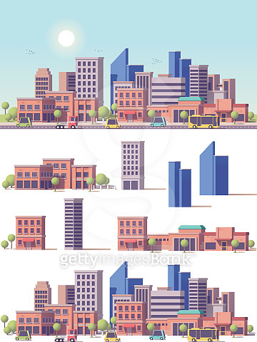 Vector low poly 2d buildings and city scene (806270148) - 게티이미지뱅크