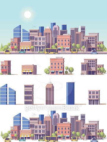 Vector low poly 2d buildings and city scene 이미지 (806270054) - 게티이미지뱅크