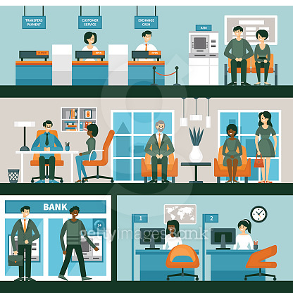 People in bank interior. Banking and consulting concept with character ...