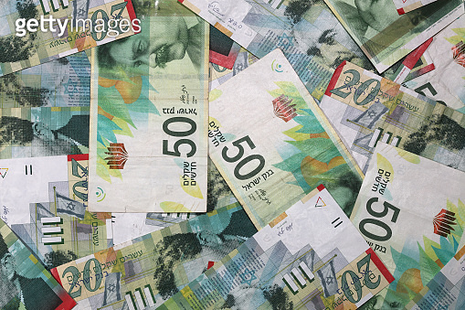 Israeli New Shekel Banknotes arranged as a Background (883296146) - 게티이미지뱅크