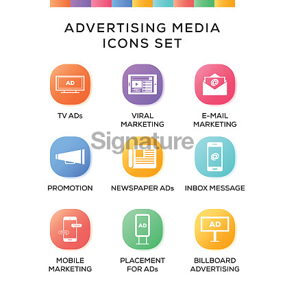 Advertising Media Icons Set on Gradient Background (850848168) - 게티이미지뱅크